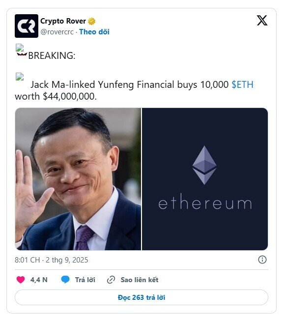 Jack Ma vừa chi 44 triệu USD mua 10.000 ETH, chính thức tham gia canh bạc tiền số