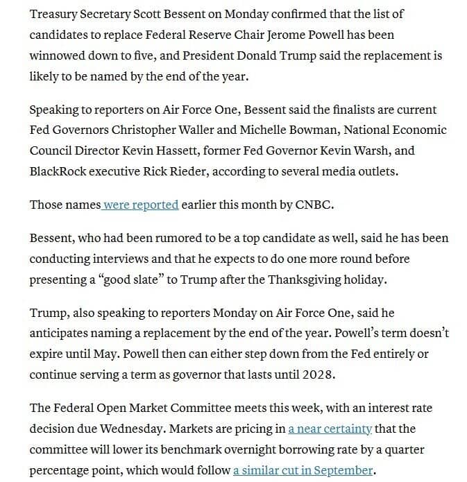 Ông Trump chuẩn bị chọn Chủ tịch Fed mới, có thể công bố trước cuối năm