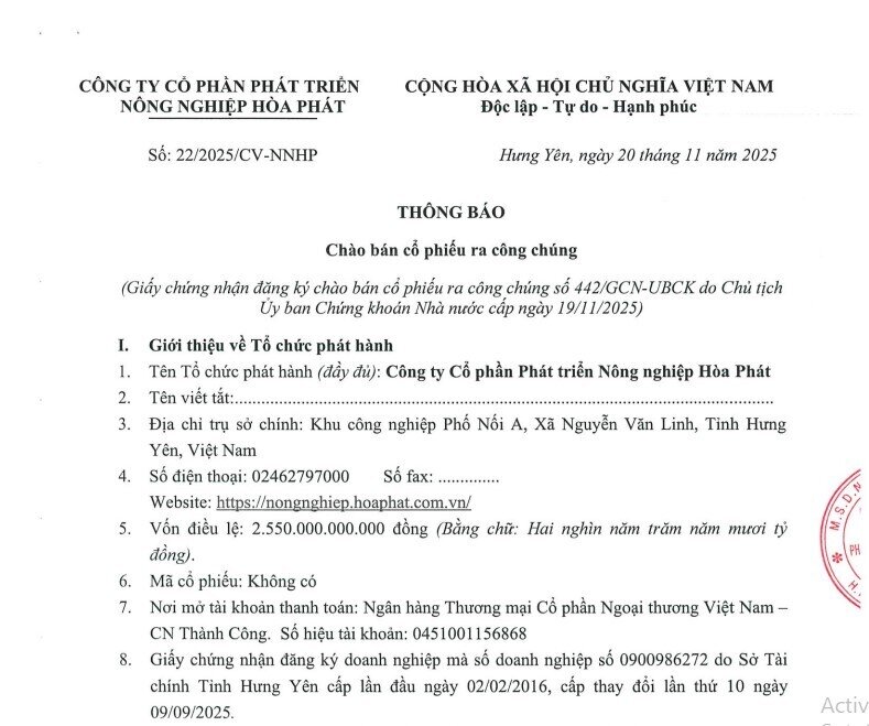 Nông nghiệp Hoà Phát chốt giá IPO 41.900 đồng/cp